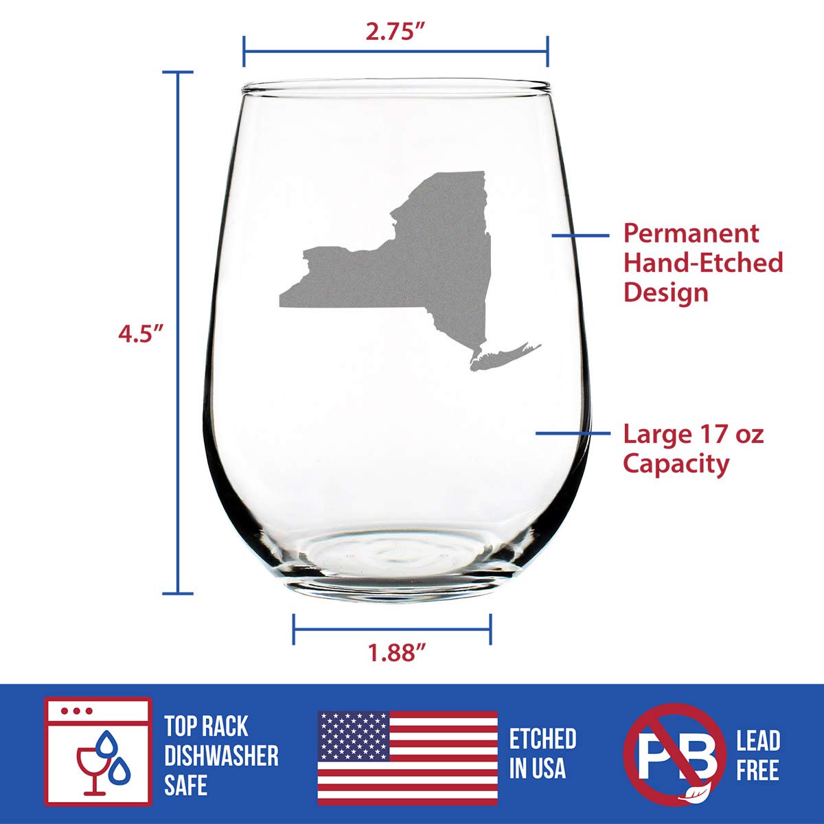 New York State Outline Stemless Wine Glass - State Themed Drinking Decor and Gifts for New Yorker Women & Men - Large 17 Oz Glasses