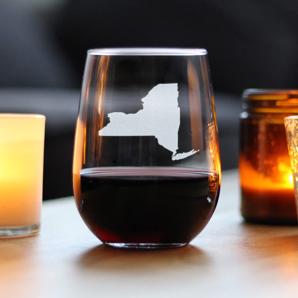 New York State Outline Stemless Wine Glass - State Themed Drinking Decor and Gifts for New Yorker Women & Men - Large 17 Oz Glasses