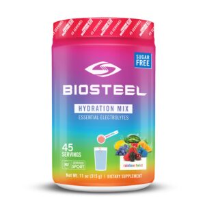 biosteel zero sugar hydration mix, great tasting hydration with 5 essential electrolytes, rainbow twist flavor, 45 servings per tub