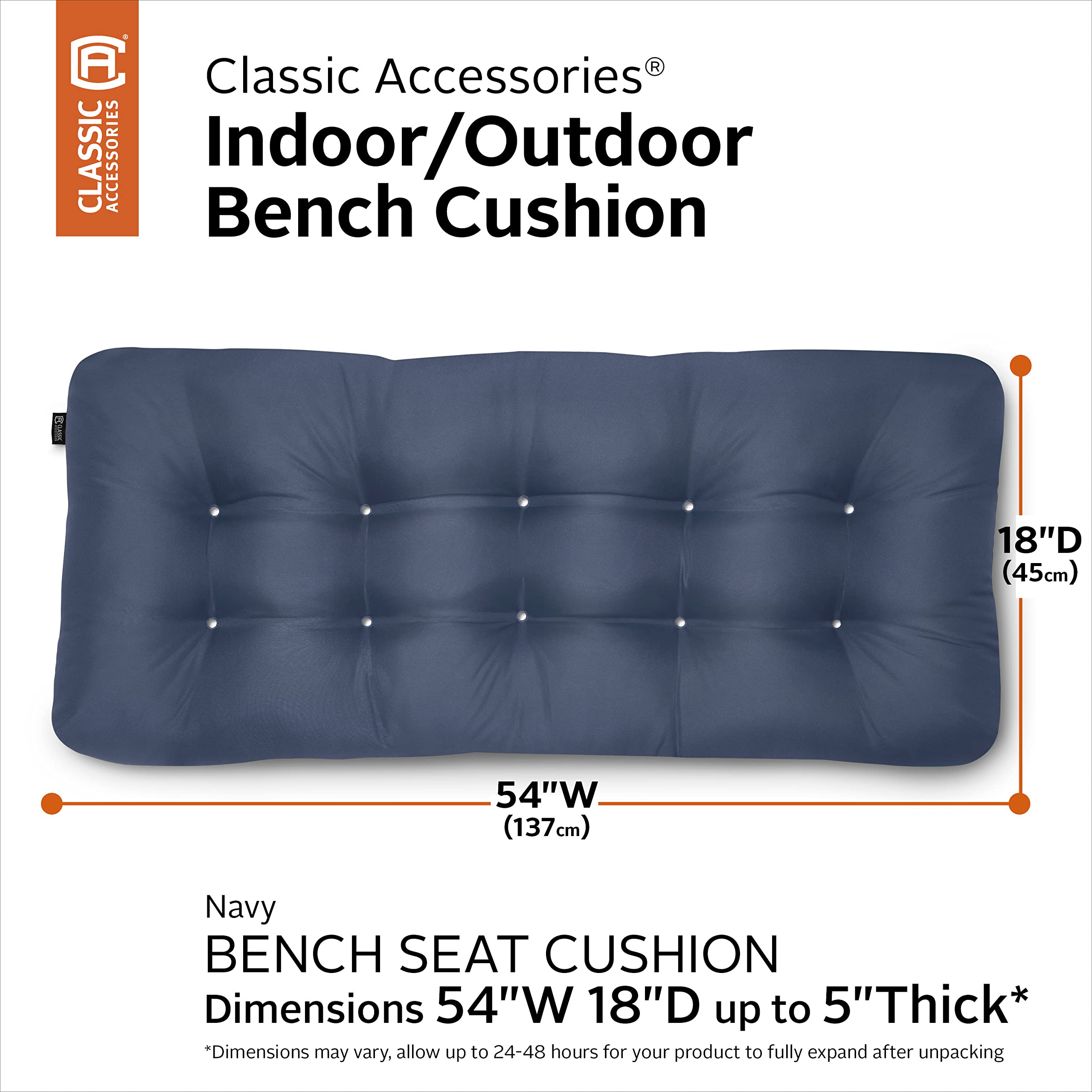 Classic Accessories Water-Resistant Indoor/Outdoor Bench Cushion, 54 x 18 x 5 Inch, Navy, Outdoor Bench, Bench Cushions, Outdoor Cushions