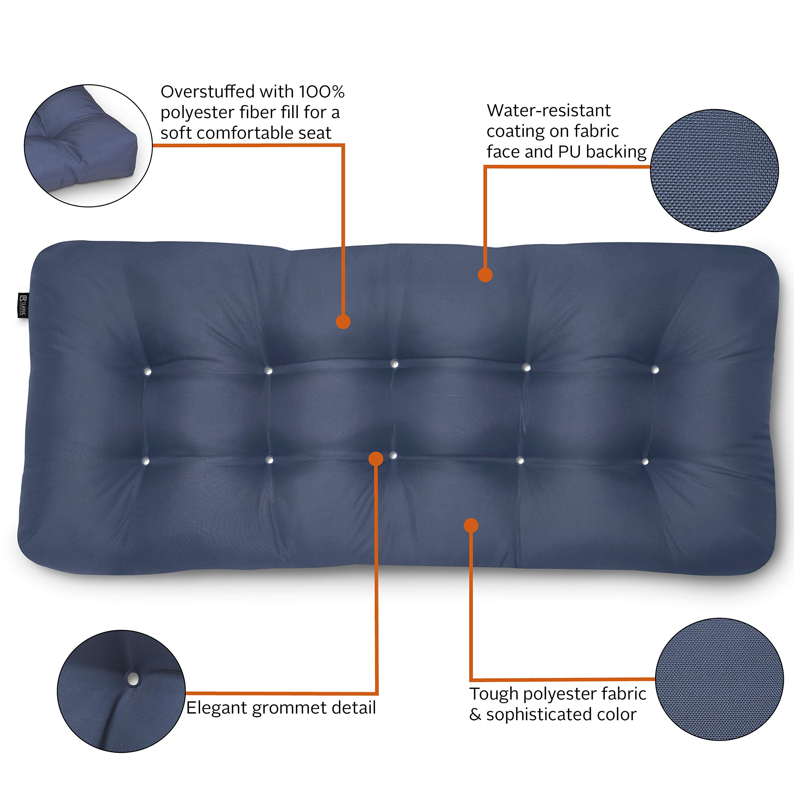 Classic Accessories Water-Resistant Indoor/Outdoor Bench Cushion, 54 x 18 x 5 Inch, Navy, Outdoor Bench, Bench Cushions, Outdoor Cushions