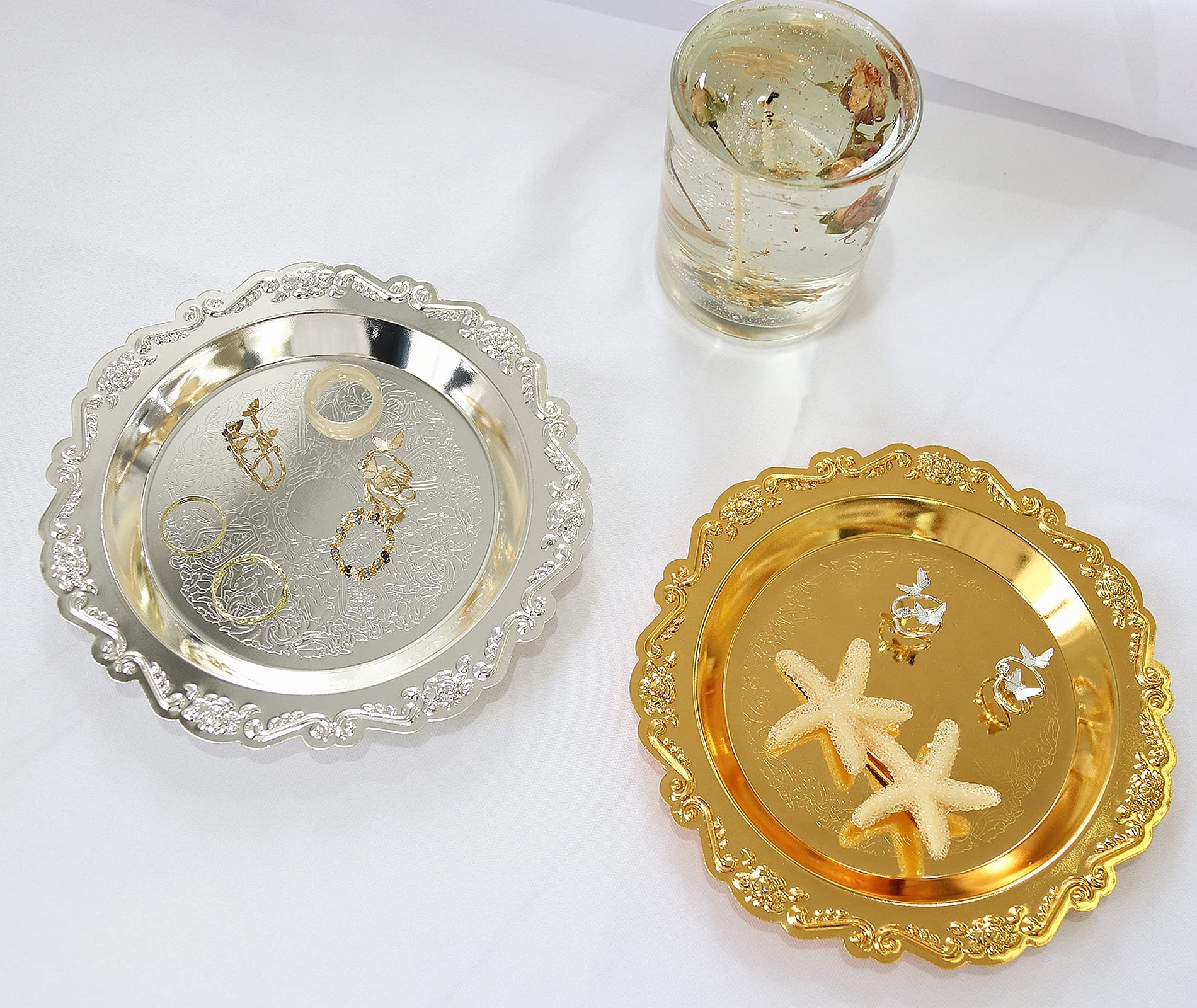 Small Round Jewelry Tray Jewelry Holder Organizer Dessert Plate Fruit Dish Ring Dish Organizer Holder Home Decor Wedding Gift for Perfume Candle Holiday Party (Silver, Small)