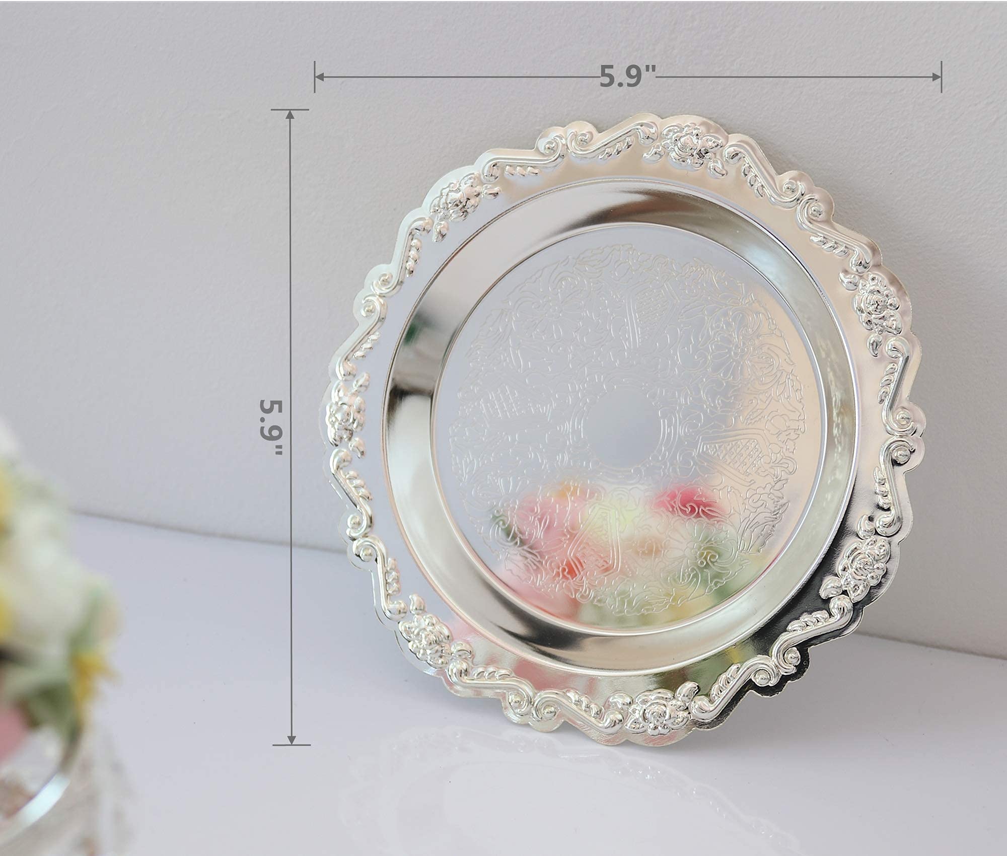 Small Round Jewelry Tray Jewelry Holder Organizer Dessert Plate Fruit Dish Ring Dish Organizer Holder Home Decor Wedding Gift for Perfume Candle Holiday Party (Silver, Small)