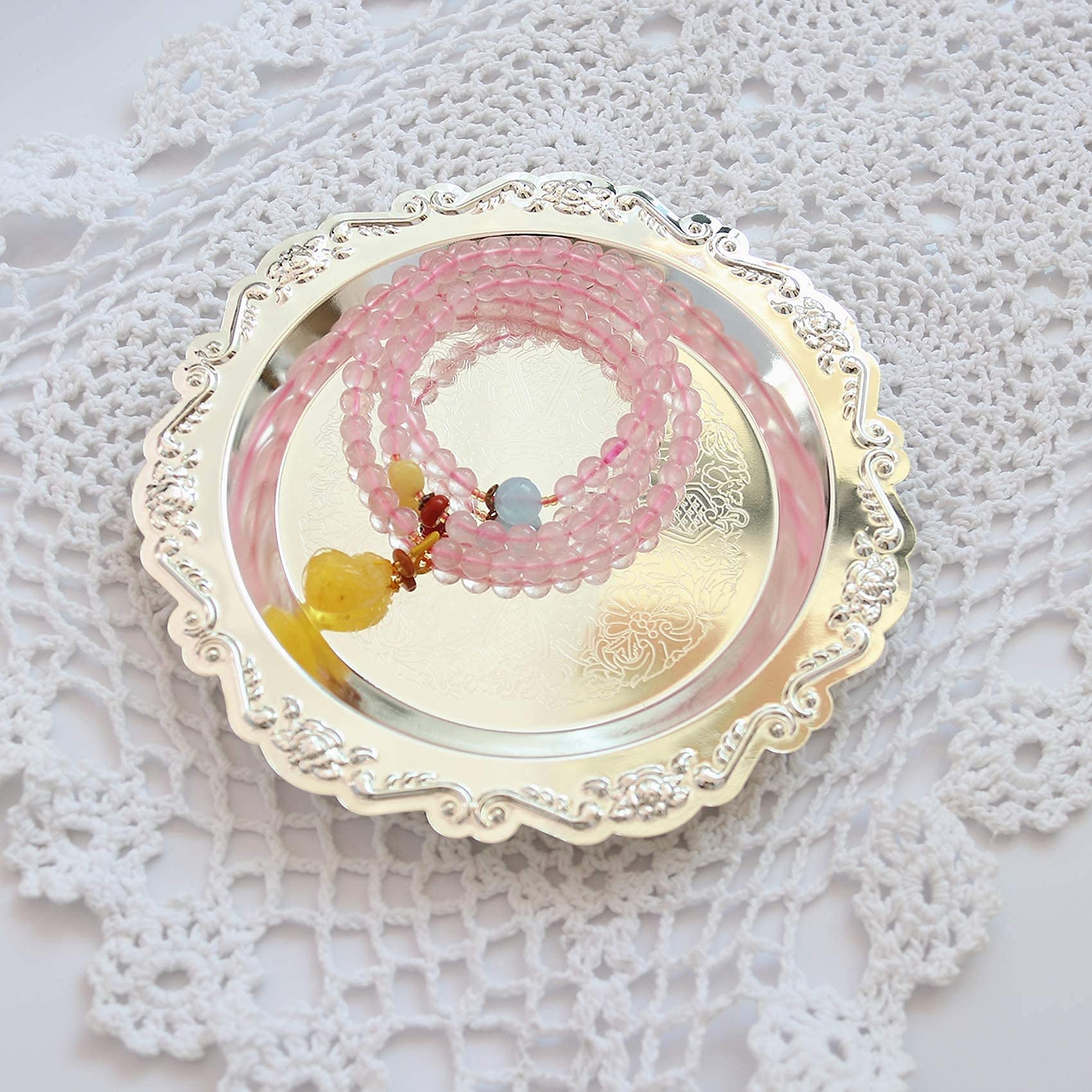 Small Round Jewelry Tray Jewelry Holder Organizer Dessert Plate Fruit Dish Ring Dish Organizer Holder Home Decor Wedding Gift for Perfume Candle Holiday Party (Silver, Small)