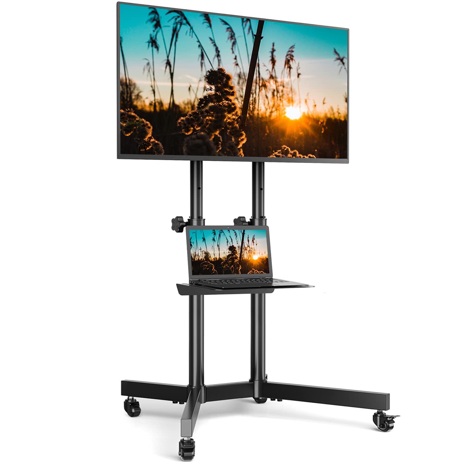 Rfiver Mobile TV Cart with Wheels, 32-80 Inch TV Stand for LCD LED OLED Flat Curved Screens, Height Adjustable Rolling Floor TV Stand, Portable Outdoor TV Trolley with Laptop Shelf, Tall TV Stand