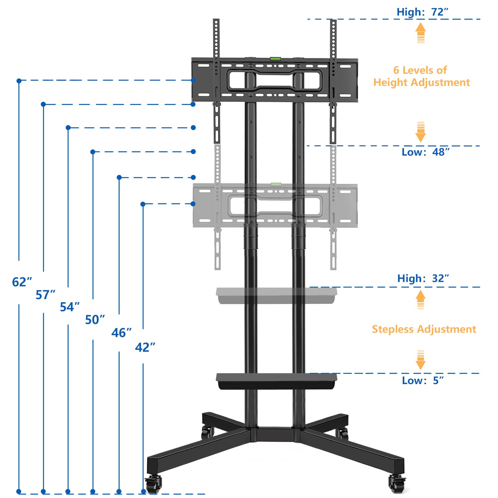 Rfiver Mobile TV Cart with Wheels, 32-80 Inch TV Stand for LCD LED OLED Flat Curved Screens, Height Adjustable Rolling Floor TV Stand, Portable Outdoor TV Trolley with Laptop Shelf, Tall TV Stand