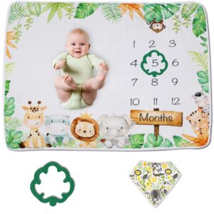 baby monthly milestone blanket boy or girl | safari jungle animals months blanket | gender neutral photo blanket for newborn baby | super soft premium fleece | bib+marker 40"x50"