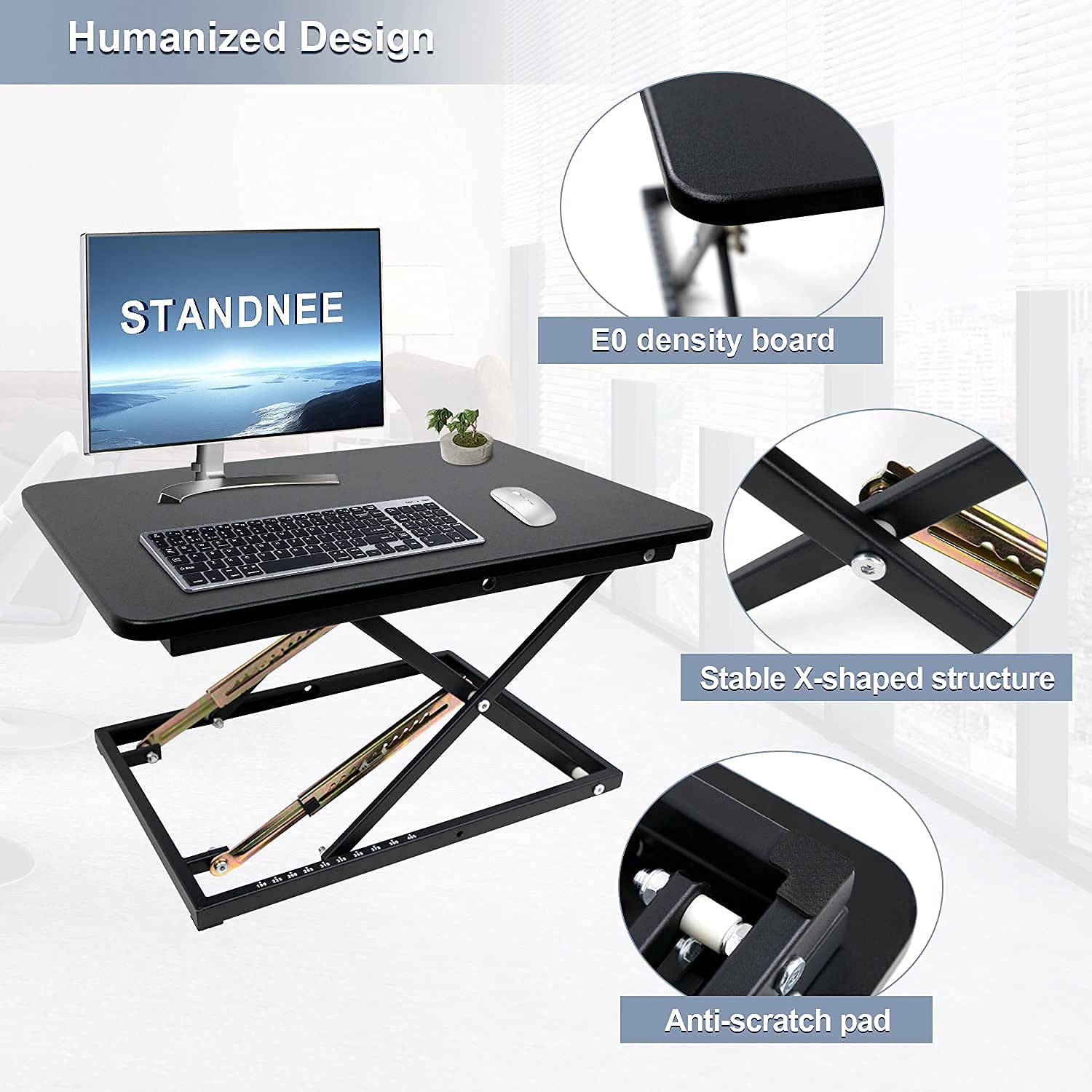 STANDNEE Standing Desk Converter Height Adjustable Stand Up Desk Riser - Supports 300 lbs, Fully Assembled Monitor/Laptop Riser Workstation, Black.