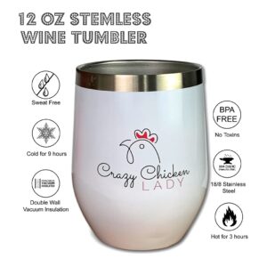 Crazy Chicken Lady - Stainless Steel Stemless Wine Glass - Crazy Chicken Lovers Gifts