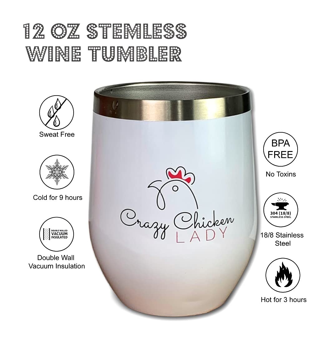 Crazy Chicken Lady - Stainless Steel Stemless Wine Glass - Crazy Chicken Lovers Gifts