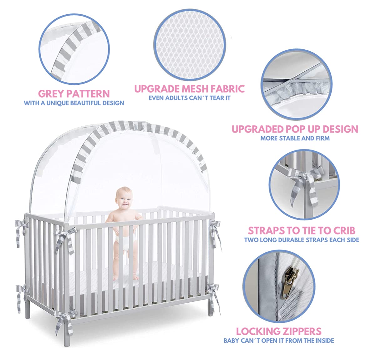 Baby Safety Pop up Crib Tent | Premium Crib Net to Keep Baby from Climbing Out | Upgraded Mesh Fabric | Protect Your Baby from Falls | Unisex Infant Crib Tent Net