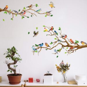 dilibra hummingbird on the tree branch wall sticker, green leaf and flying bird diy art vinyl wall decal, self-adhesive wall decoration for garden living room bedroom kitchen playroom nursery room