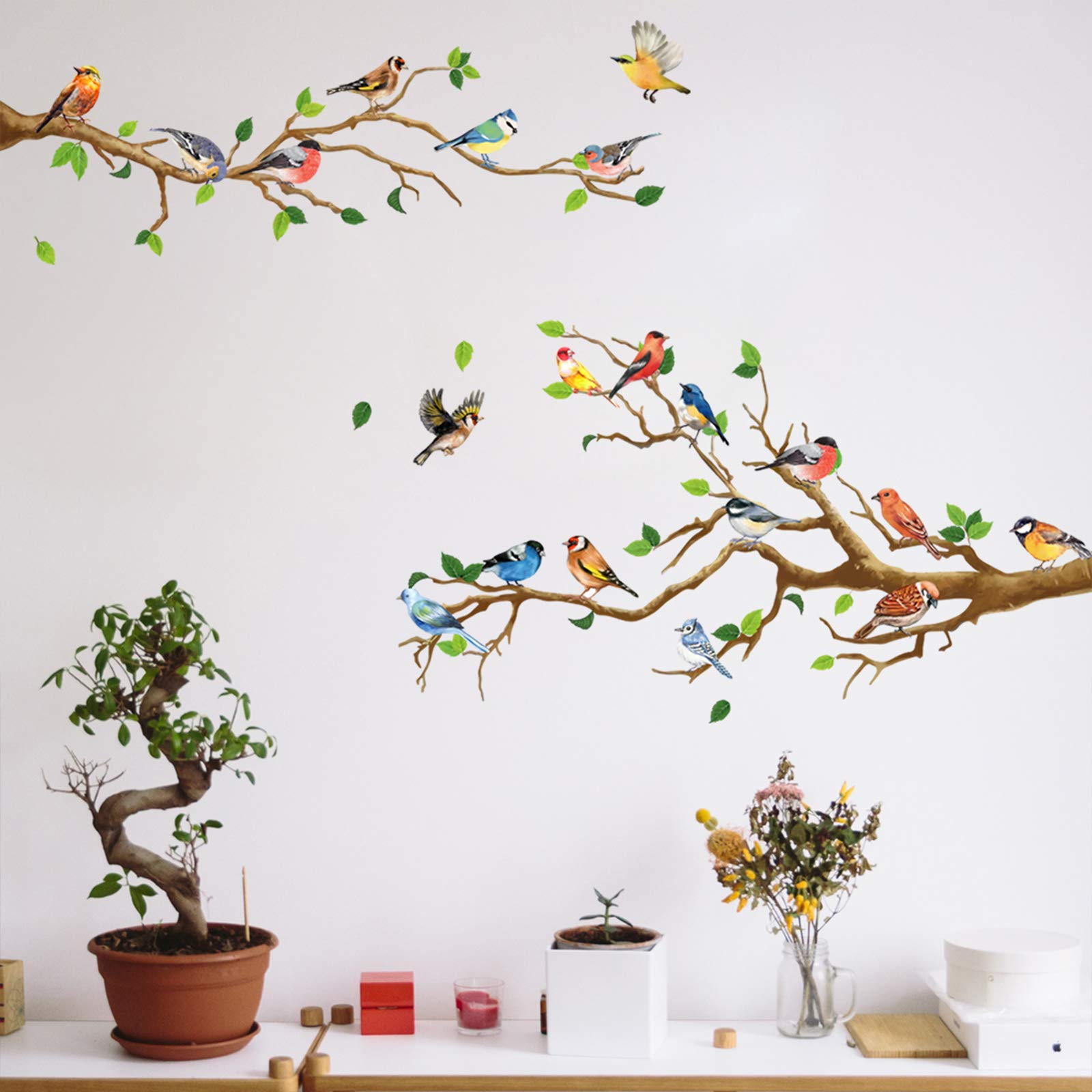 DILIBRA Hummingbird on The Tree Branch Wall Sticker, Green Leaf and Flying Bird DIY Art Vinyl Wall Decal, Self-Adhesive Wall Decoration for Garden Living Room Bedroom Kitchen Playroom Nursery Room