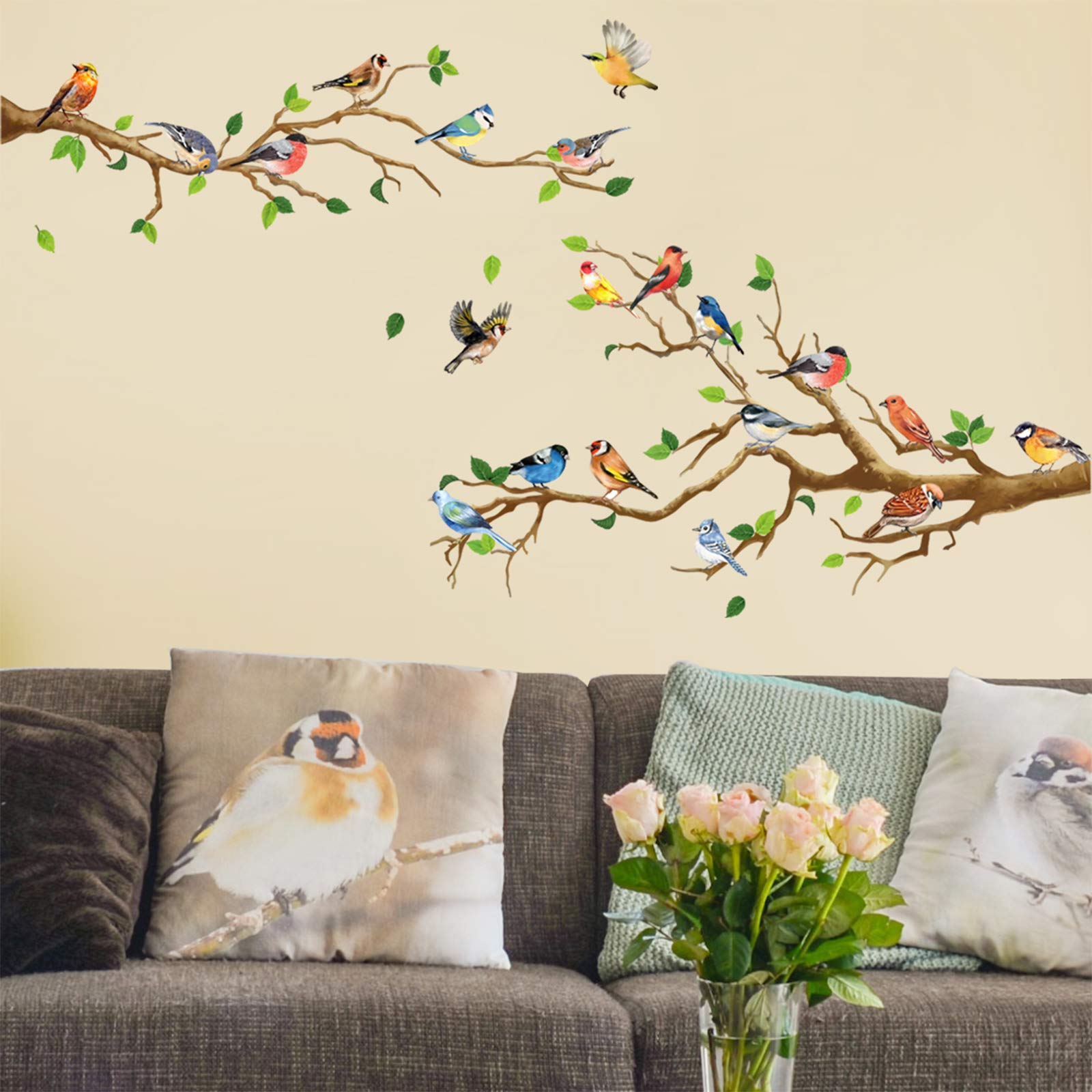 DILIBRA Hummingbird on The Tree Branch Wall Sticker, Green Leaf and Flying Bird DIY Art Vinyl Wall Decal, Self-Adhesive Wall Decoration for Garden Living Room Bedroom Kitchen Playroom Nursery Room