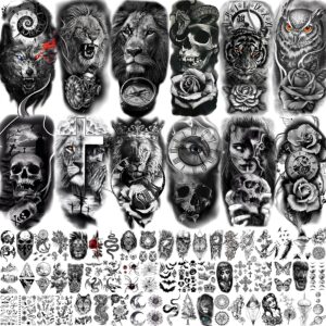 coktak 68 sheets large half arm sleeve temporary tattoos for men women forearm, tribal wolf tiger lion owl skull temp halloween fake tattoo stickers adults, black realistic tattoo flower rose animals