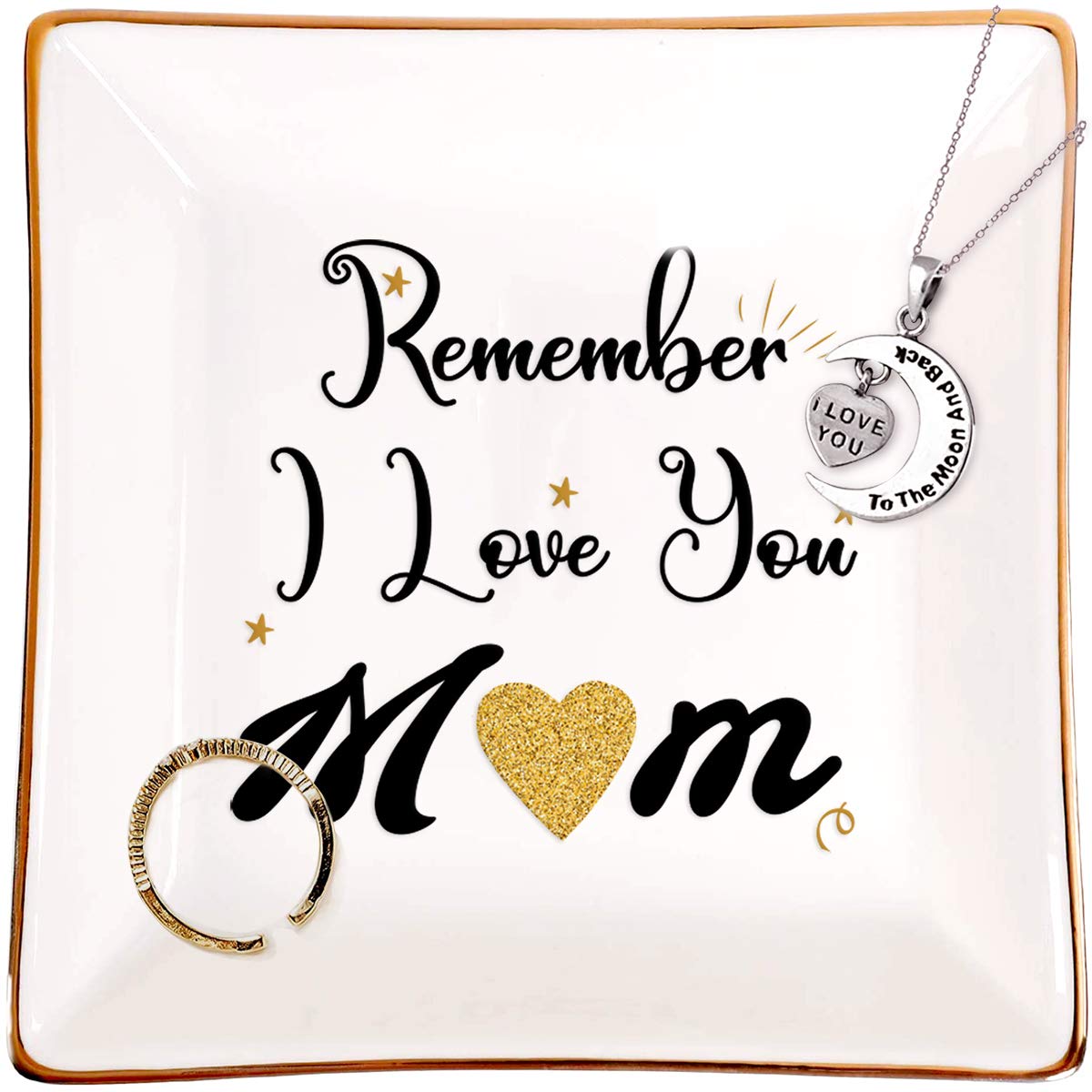 UMEELR Mom Gift Ceramic Jewelry Trays Trinket Dish, Ring Holder Dish Trinket Plate for Women - Remember I Love You Mom for Mother's Day Birthday Thanksgiving Valentine's Christmas Gift