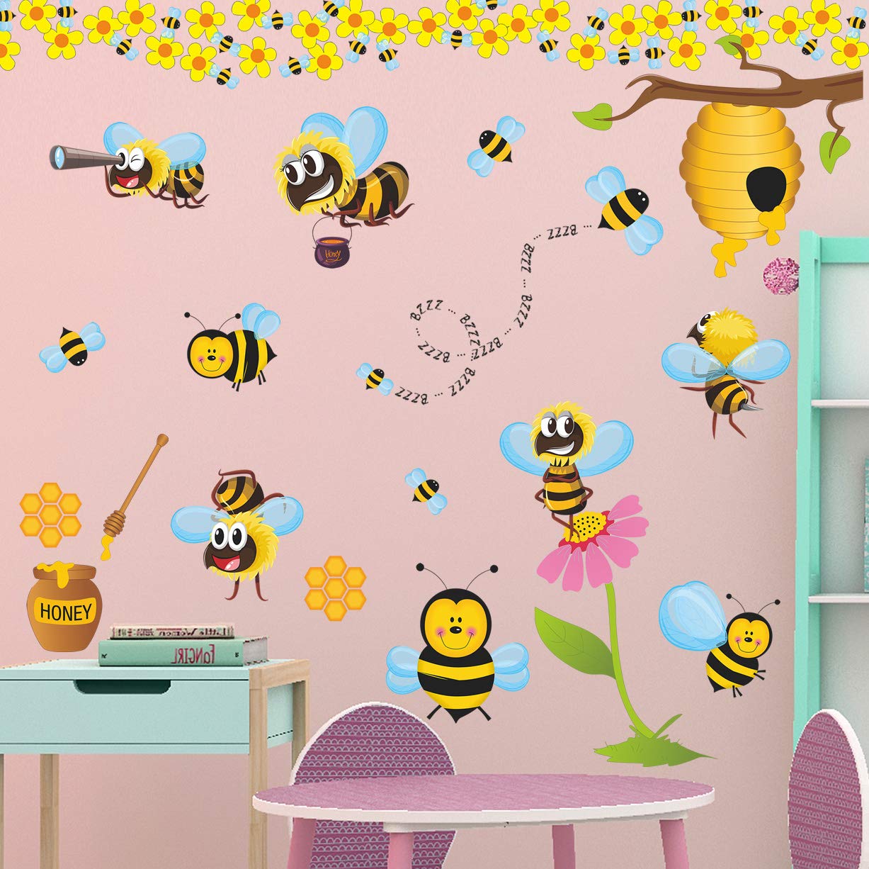 RW-1061 3D Bee Wall Decals Bee Flowers Wall Stickers Cartoon Animals Stickers DIY Removable Animals Tree Branch Wall Art Decor for Kids Babys Nursery Bedroom Living Room Playroom Classroom Decoration