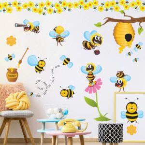 RW-1061 3D Bee Wall Decals Bee Flowers Wall Stickers Cartoon Animals Stickers DIY Removable Animals Tree Branch Wall Art Decor for Kids Babys Nursery Bedroom Living Room Playroom Classroom Decoration