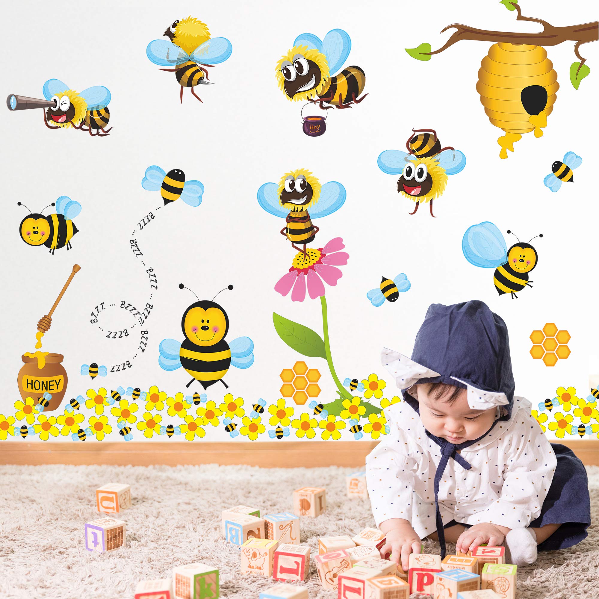 RW-1061 3D Bee Wall Decals Bee Flowers Wall Stickers Cartoon Animals Stickers DIY Removable Animals Tree Branch Wall Art Decor for Kids Babys Nursery Bedroom Living Room Playroom Classroom Decoration