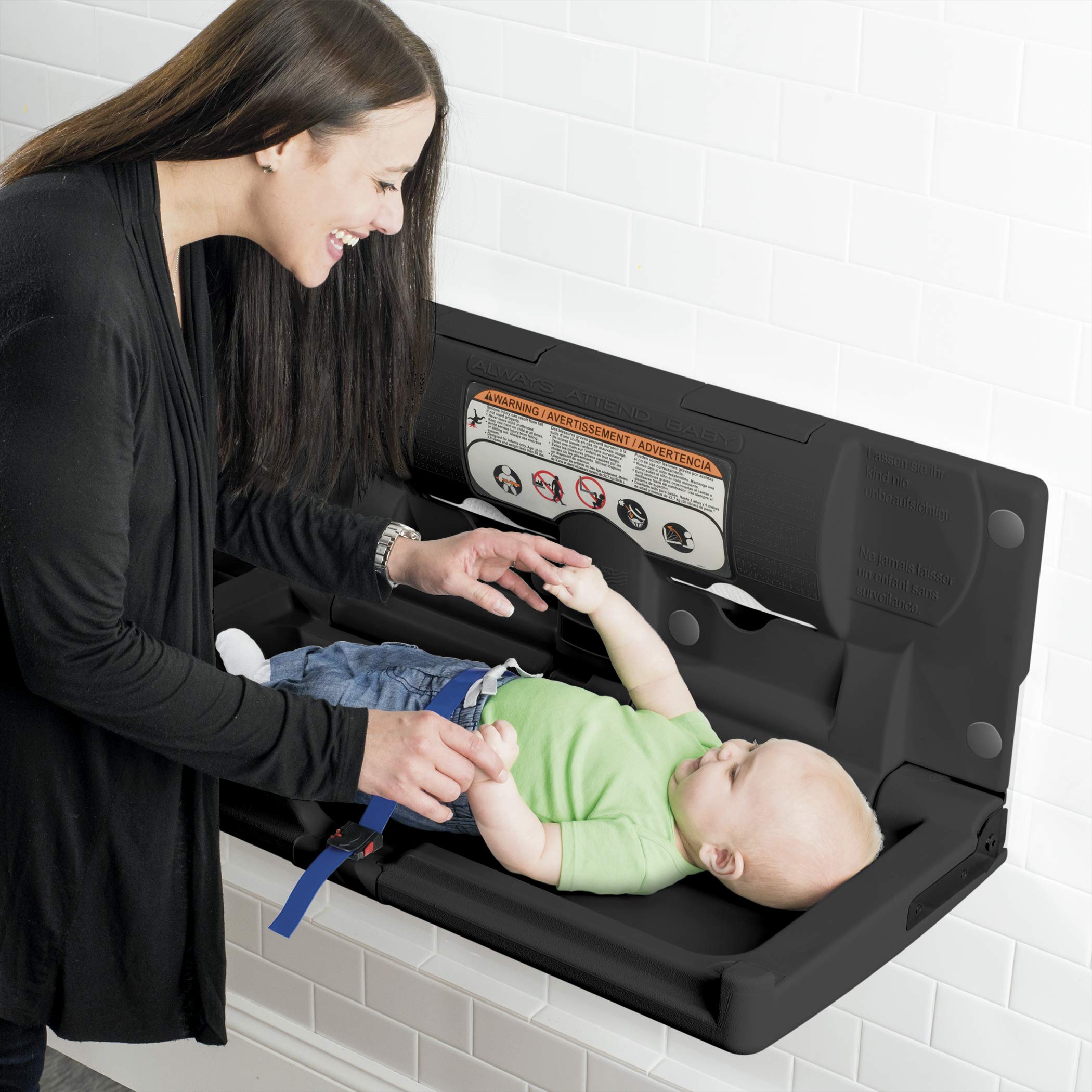 Foundations 100-EH-BP-02 Classic Horizontal Baby Changing Station with Backer-Plate, Includes Safety Straps and Liner Dispenser, Easy to Clean & Install, Made in The USA (Black)