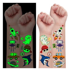 partywind 145 styles - luminous temporary tattoos for boys kids, glow fake tattoo stickers for children featuring dinosaur space pirate cars and more, glow kids birthday party supplies favors