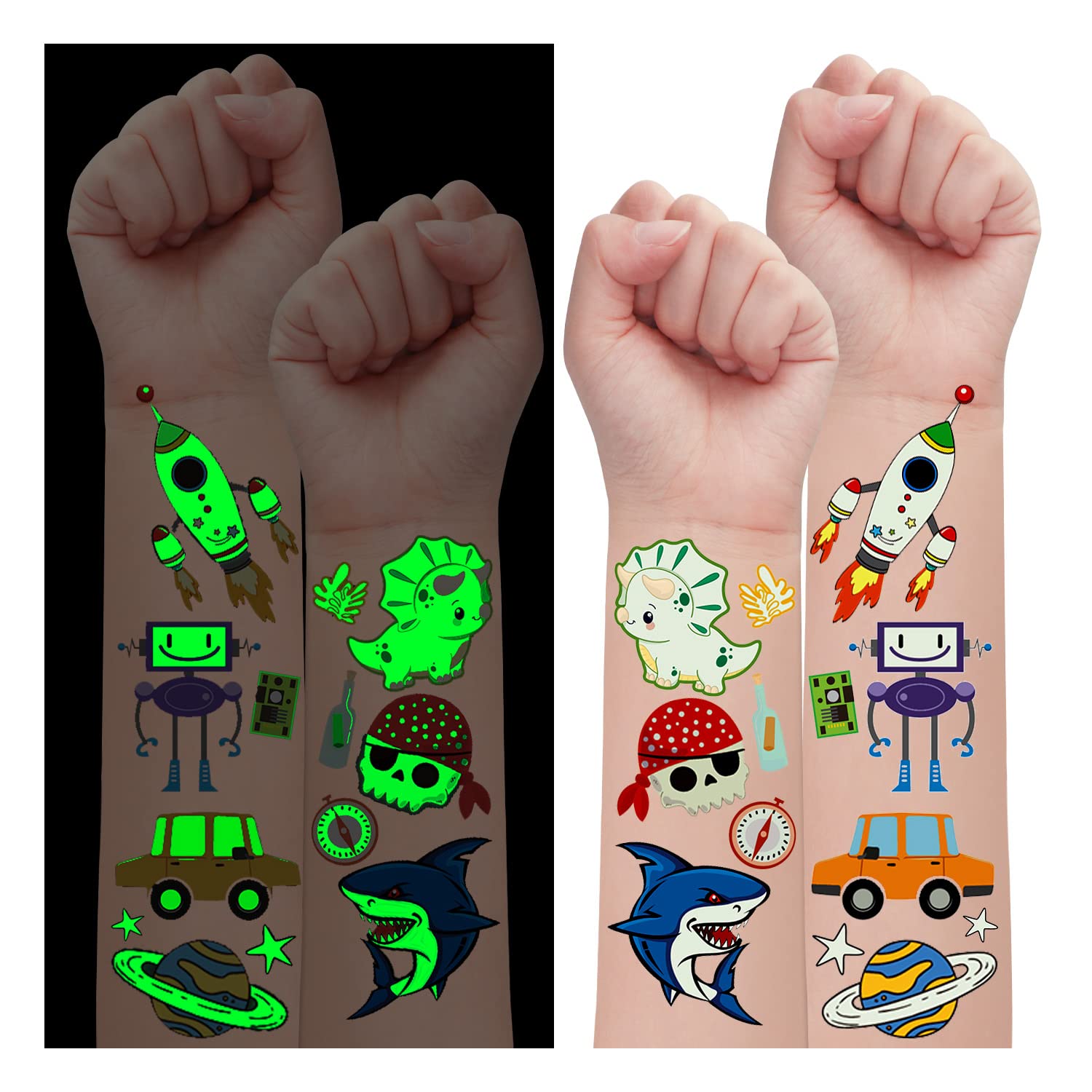 Partywind 145 Styles - Luminous Temporary Tattoos for Boys Kids, Glow Fake Tattoo Stickers for Children Featuring Dinosaur Space Pirate Cars and More, Glow Kids Birthday Party Supplies Favors