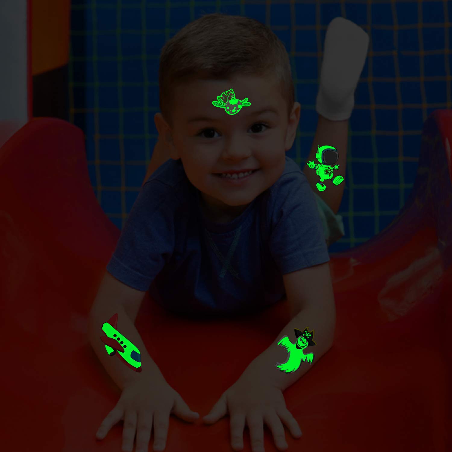 Partywind 145 Styles - Luminous Temporary Tattoos for Boys Kids, Glow Fake Tattoo Stickers for Children Featuring Dinosaur Space Pirate Cars and More, Glow Kids Birthday Party Supplies Favors