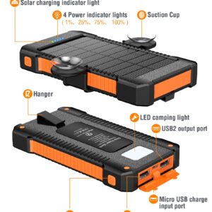 MetFut Solar Power Bank 38800mAh, Solar Charger with Suction Cup Mount Three Modes Flashlight-Steady/SOS/Strobe IPX7 Waterproof/Dustproof/Shockproof External Battery Pack 3 USB Charging Ports(Orange)