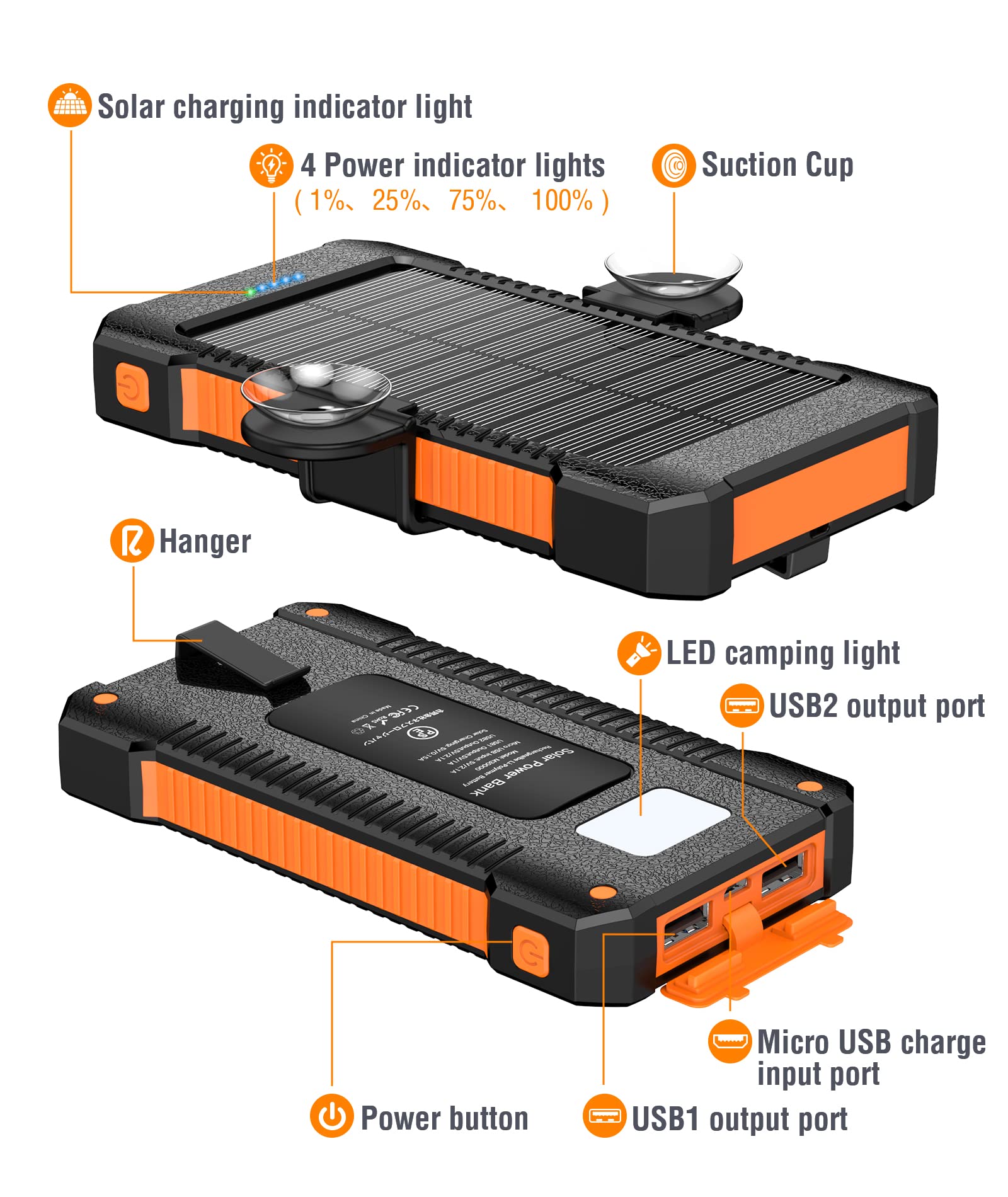 MetFut Solar Power Bank 38800mAh, Solar Charger with Suction Cup Mount Three Modes Flashlight-Steady/SOS/Strobe IPX7 Waterproof/Dustproof/Shockproof External Battery Pack 3 USB Charging Ports(Orange)