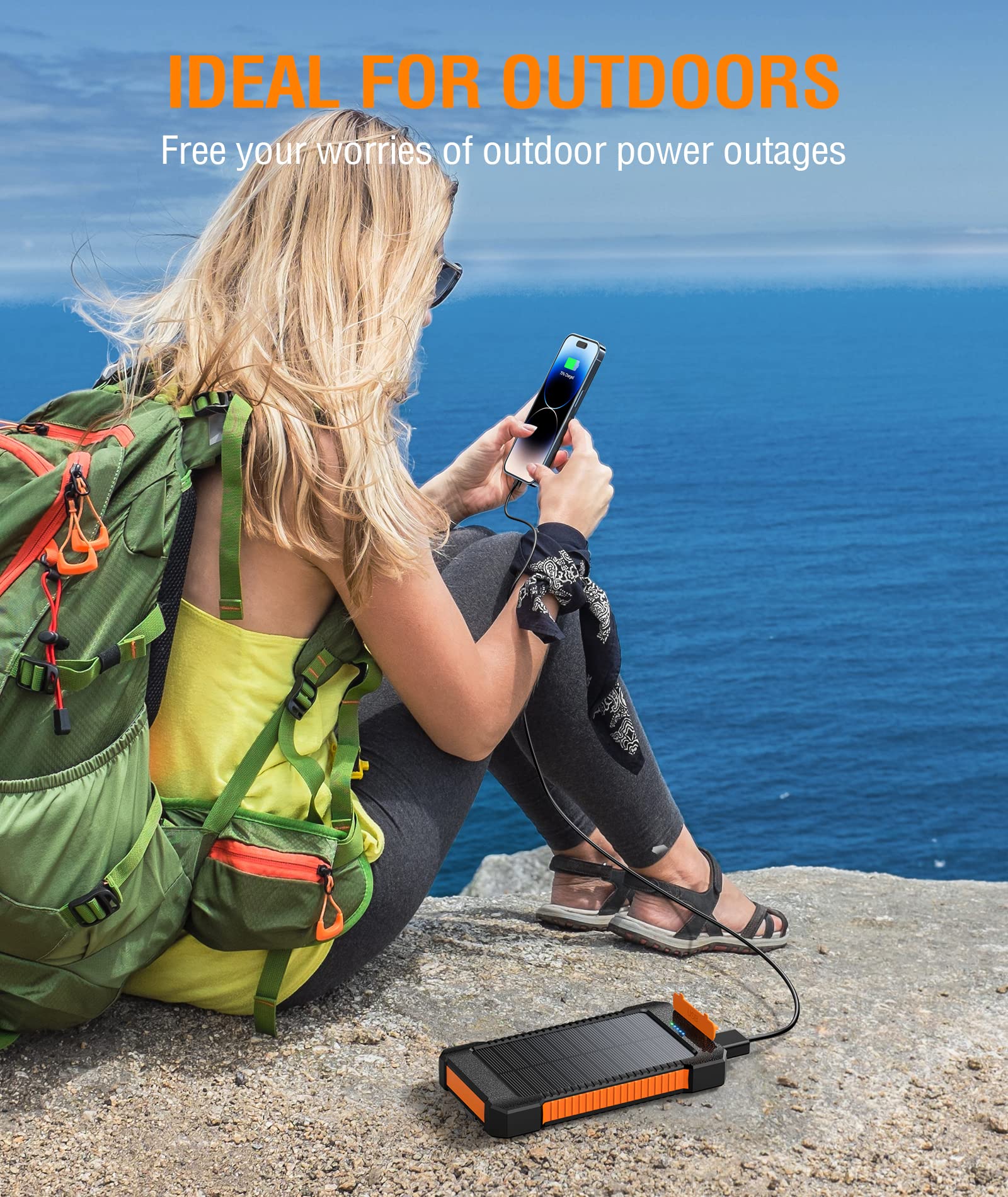 MetFut Solar Power Bank 38800mAh, Solar Charger with Suction Cup Mount Three Modes Flashlight-Steady/SOS/Strobe IPX7 Waterproof/Dustproof/Shockproof External Battery Pack 3 USB Charging Ports(Orange)