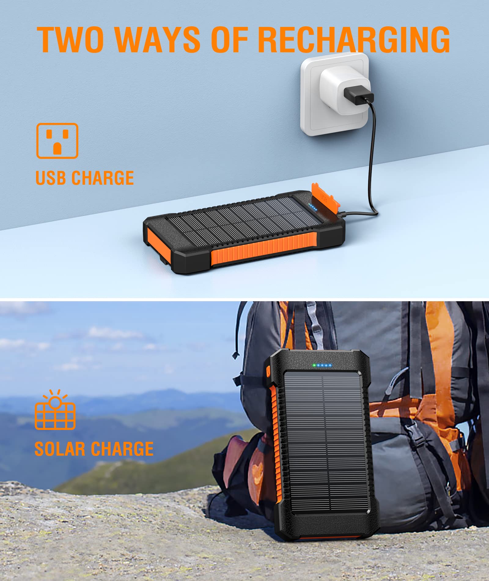 MetFut Solar Power Bank 38800mAh, Solar Charger with Suction Cup Mount Three Modes Flashlight-Steady/SOS/Strobe IPX7 Waterproof/Dustproof/Shockproof External Battery Pack 3 USB Charging Ports(Orange)