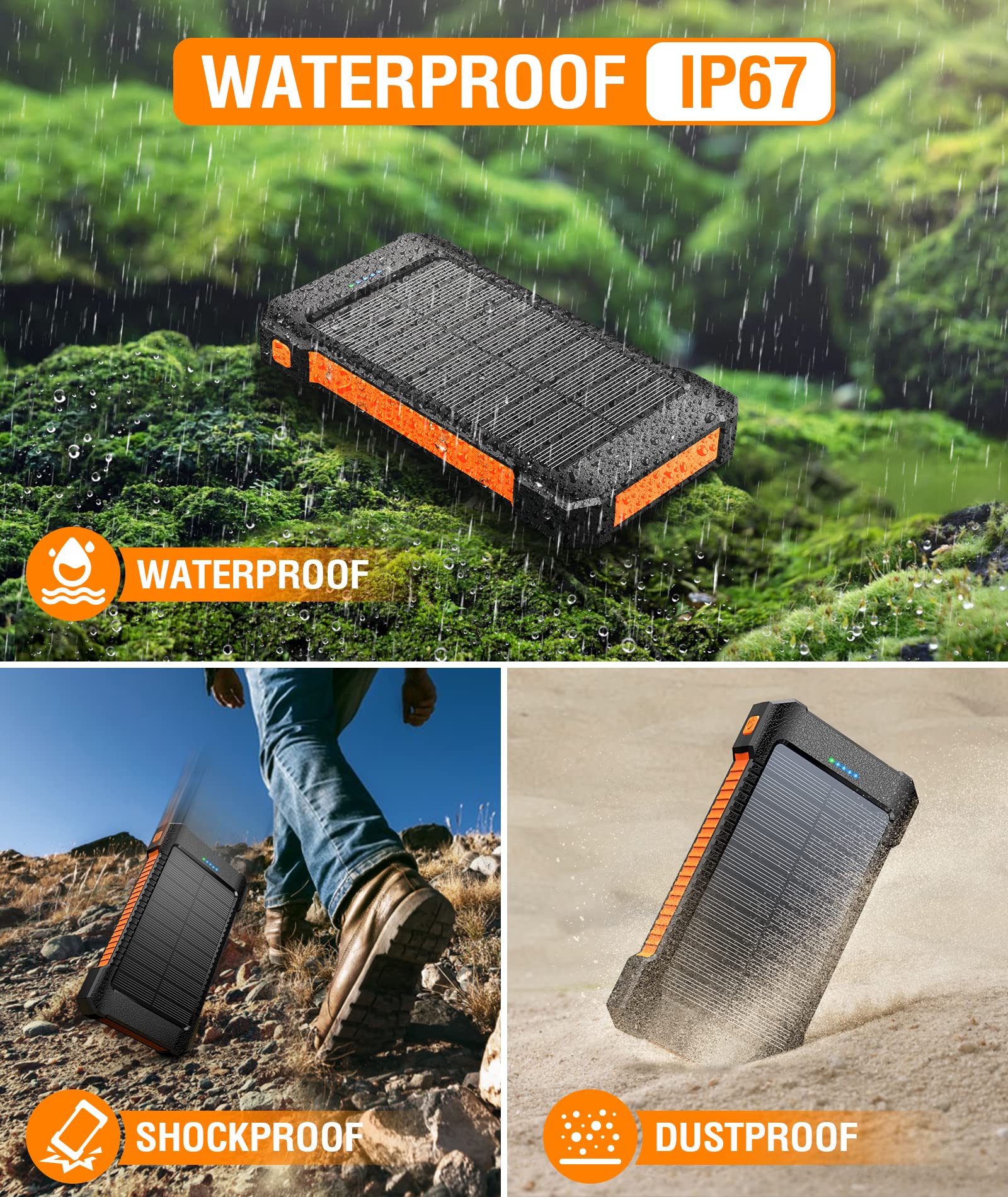 MetFut Solar Power Bank 38800mAh, Solar Charger with Suction Cup Mount Three Modes Flashlight-Steady/SOS/Strobe IPX7 Waterproof/Dustproof/Shockproof External Battery Pack 3 USB Charging Ports(Orange)