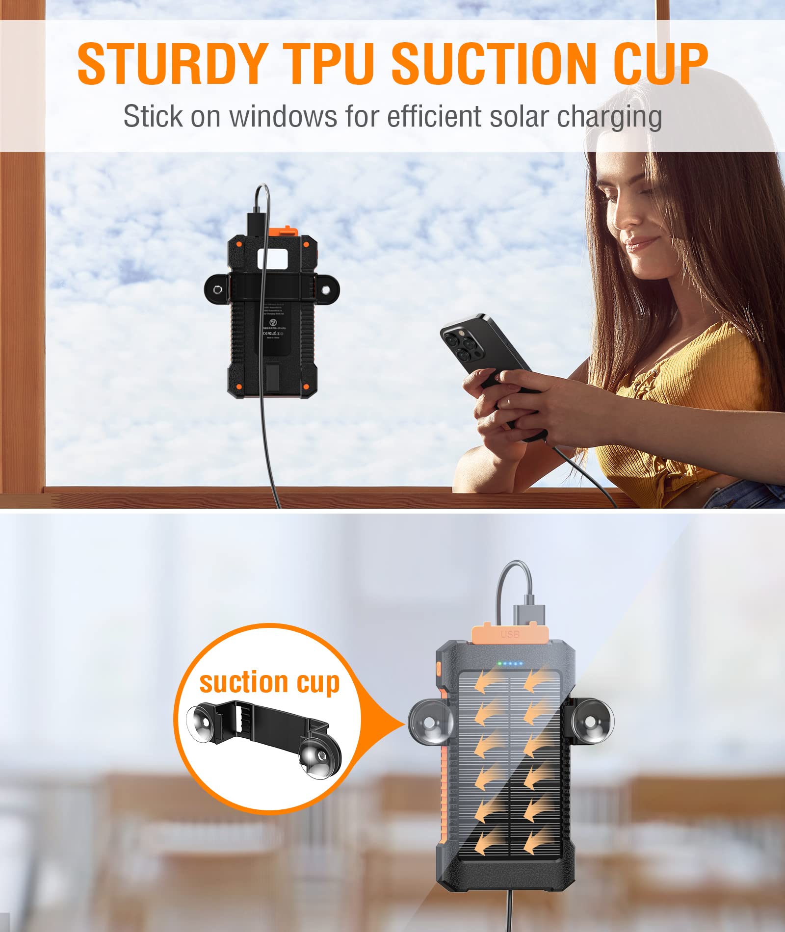 MetFut Solar Power Bank 38800mAh, Solar Charger with Suction Cup Mount Three Modes Flashlight-Steady/SOS/Strobe IPX7 Waterproof/Dustproof/Shockproof External Battery Pack 3 USB Charging Ports(Orange)