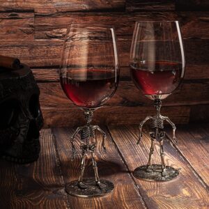 The Wine Savant Stemmed Skeleton Wine Glass Set of 2 12oz Skeleton Glasses 10" H, Goth Gifts, Skeleton Gifts, Skeleton Decor, Spooky Wine Gift Set, Perfect for Themed Parties!