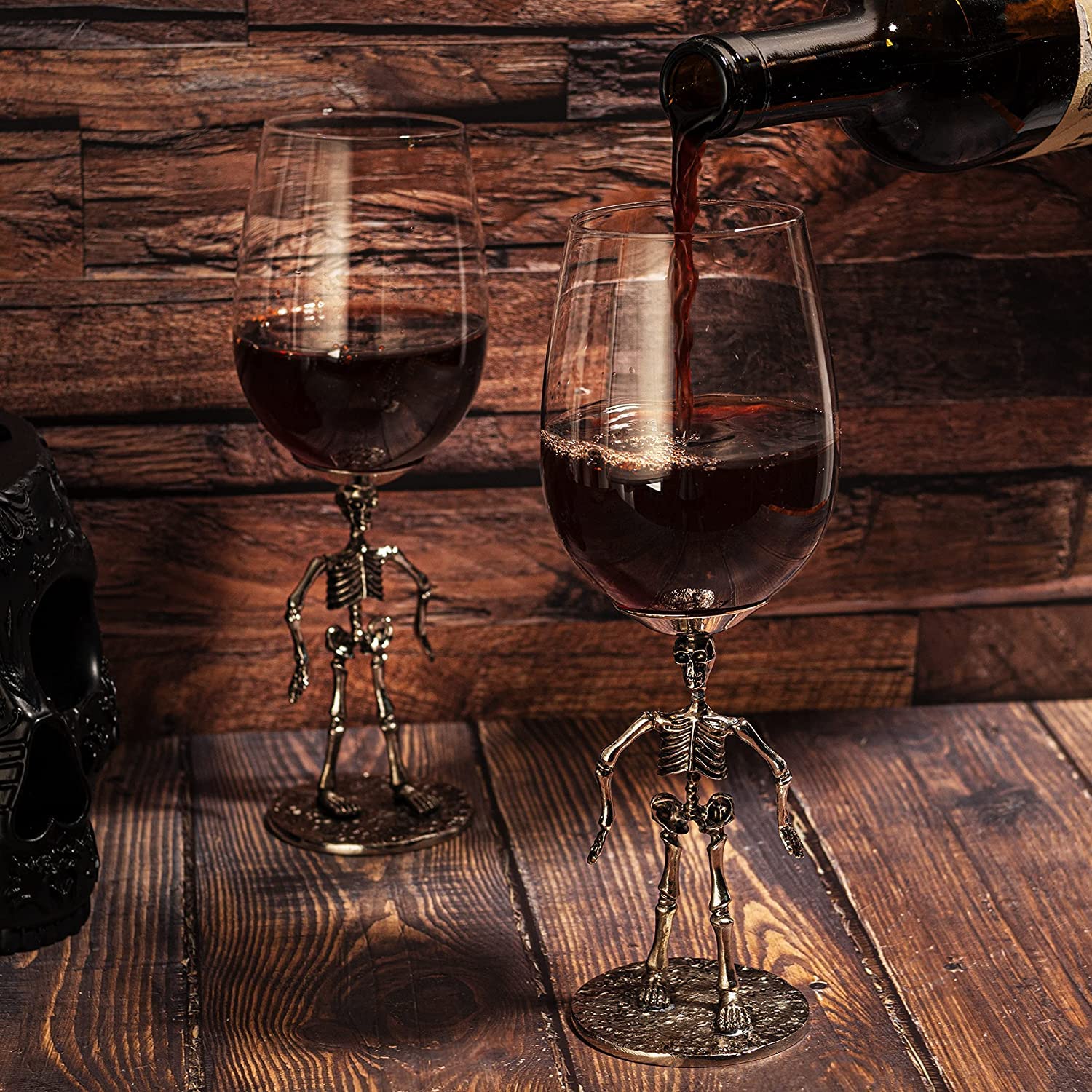 The Wine Savant Stemmed Skeleton Wine Glass Set of 2 12oz Skeleton Glasses 10" H, Goth Gifts, Skeleton Gifts, Skeleton Decor, Spooky Wine Gift Set, Perfect for Themed Parties!