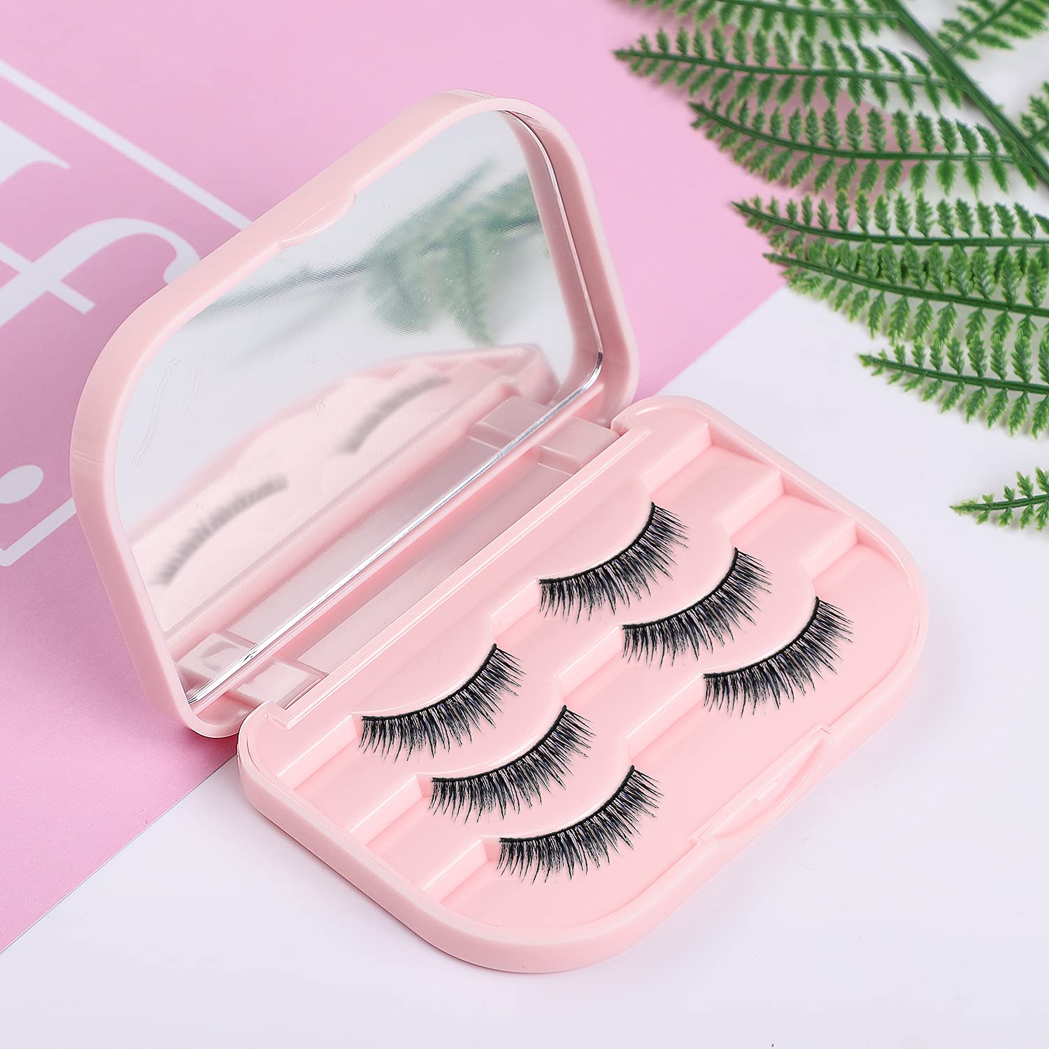 Empty Eyelashes Storage Box, TEOYALL 3 Layer False Eyelash Travel Case Fake Eye Lash Organizer with Mirror Can Store 3 Pairs (Pink)