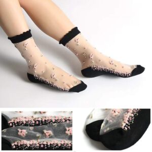 DXYAKY 5 Pairs Women Transparent Sheer Mesh Socks Ultrathin Fishnet See Through Short Anklets Flower Patterned Silk Stockings