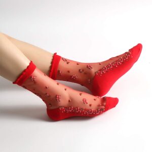 DXYAKY 5 Pairs Women Transparent Sheer Mesh Socks Ultrathin Fishnet See Through Short Anklets Flower Patterned Silk Stockings