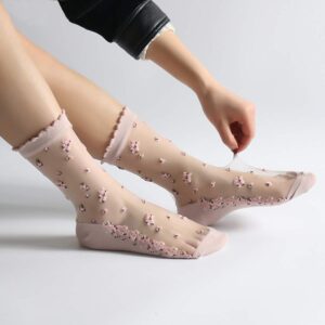 DXYAKY 5 Pairs Women Transparent Sheer Mesh Socks Ultrathin Fishnet See Through Short Anklets Flower Patterned Silk Stockings