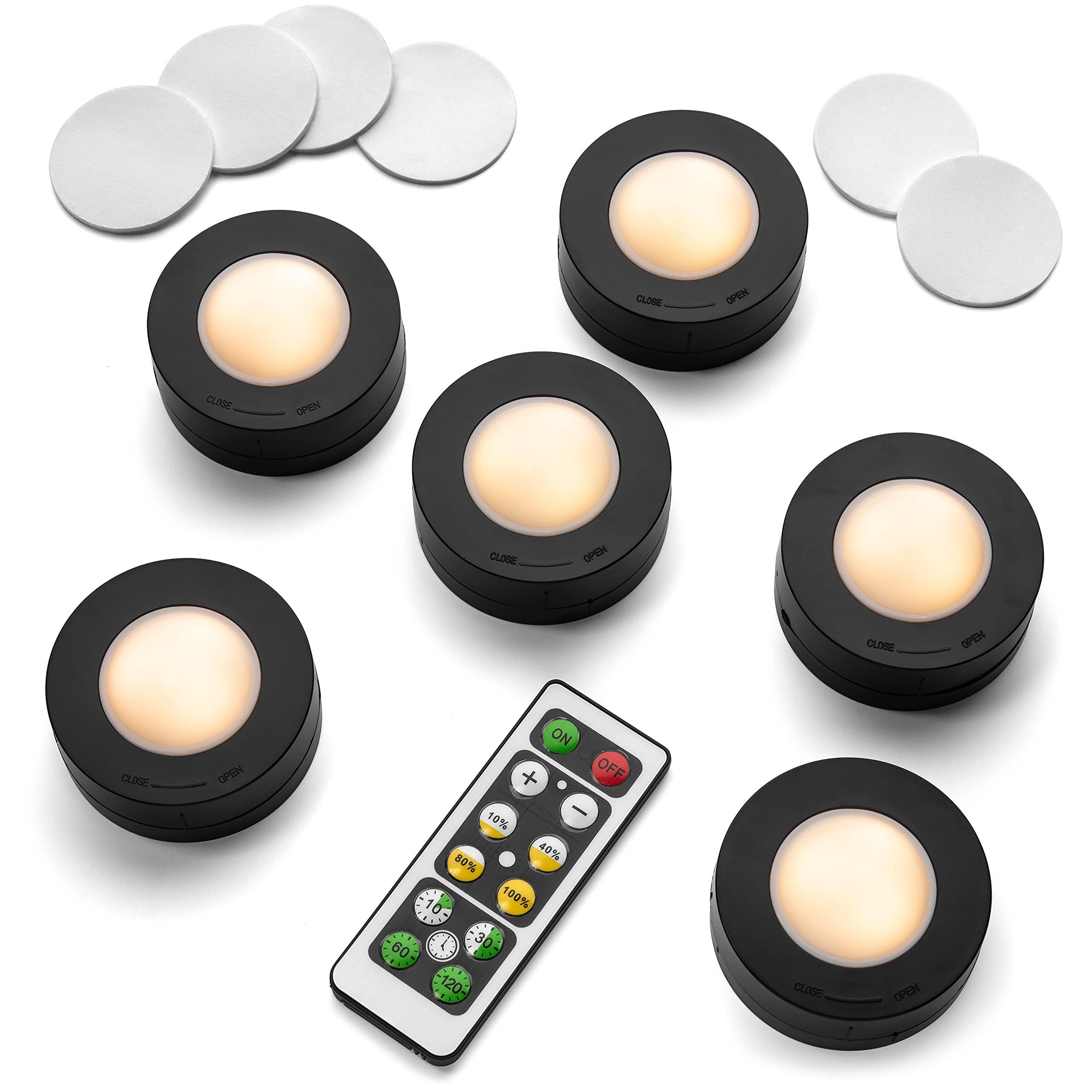 Under Cabinet Lighting (Black) Set of 6 - Wireless Remote Controlled Dimmable Auto-Off LED - 3000K Warm White Battery Operated Lights - Low Profile Puck - Low Power Consumption