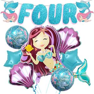 katchon, big mermaid 4th birthday decorations set - pack of 8 | mermaid birthday decorations for girls 4 | mermaid balloons decoration | mermaid party decorations 4th birthday | mermaid party supplies