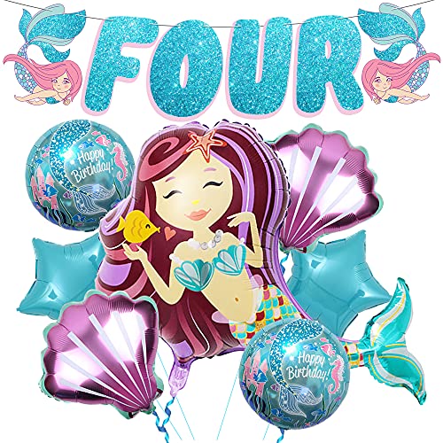 KatchOn, Big Mermaid 4th Birthday Decorations Set - Pack of 8 | Mermaid Birthday Decorations For Girls 4 | Mermaid Balloons Decoration | Mermaid Party Decorations 4th Birthday | Mermaid Party Supplies