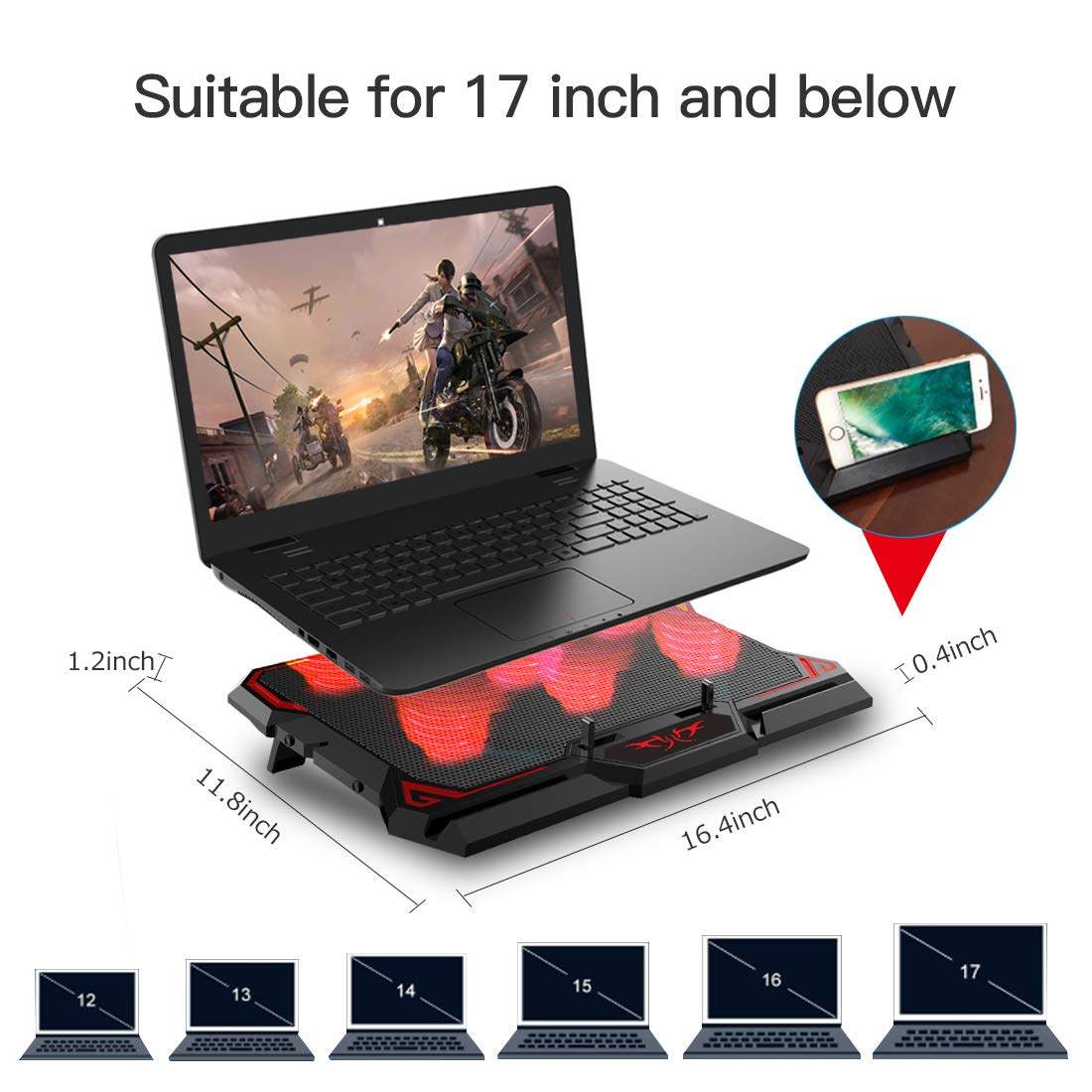 Laptop Cooling Pad, Laptop Cooler with 6 Quiet Led Fans for 15.6-17 Inch Laptop Cooling Fan Stand, Portable Ultra Slim USB Powered Gaming Laptop Cooling Pad, Switch Control Fan Speed Function (Red)