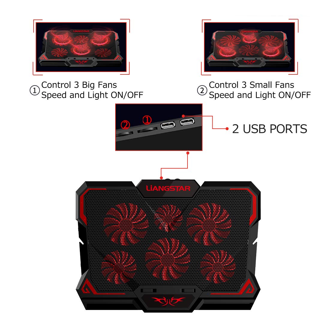 Laptop Cooling Pad, Laptop Cooler with 6 Quiet Led Fans for 15.6-17 Inch Laptop Cooling Fan Stand, Portable Ultra Slim USB Powered Gaming Laptop Cooling Pad, Switch Control Fan Speed Function (Red)