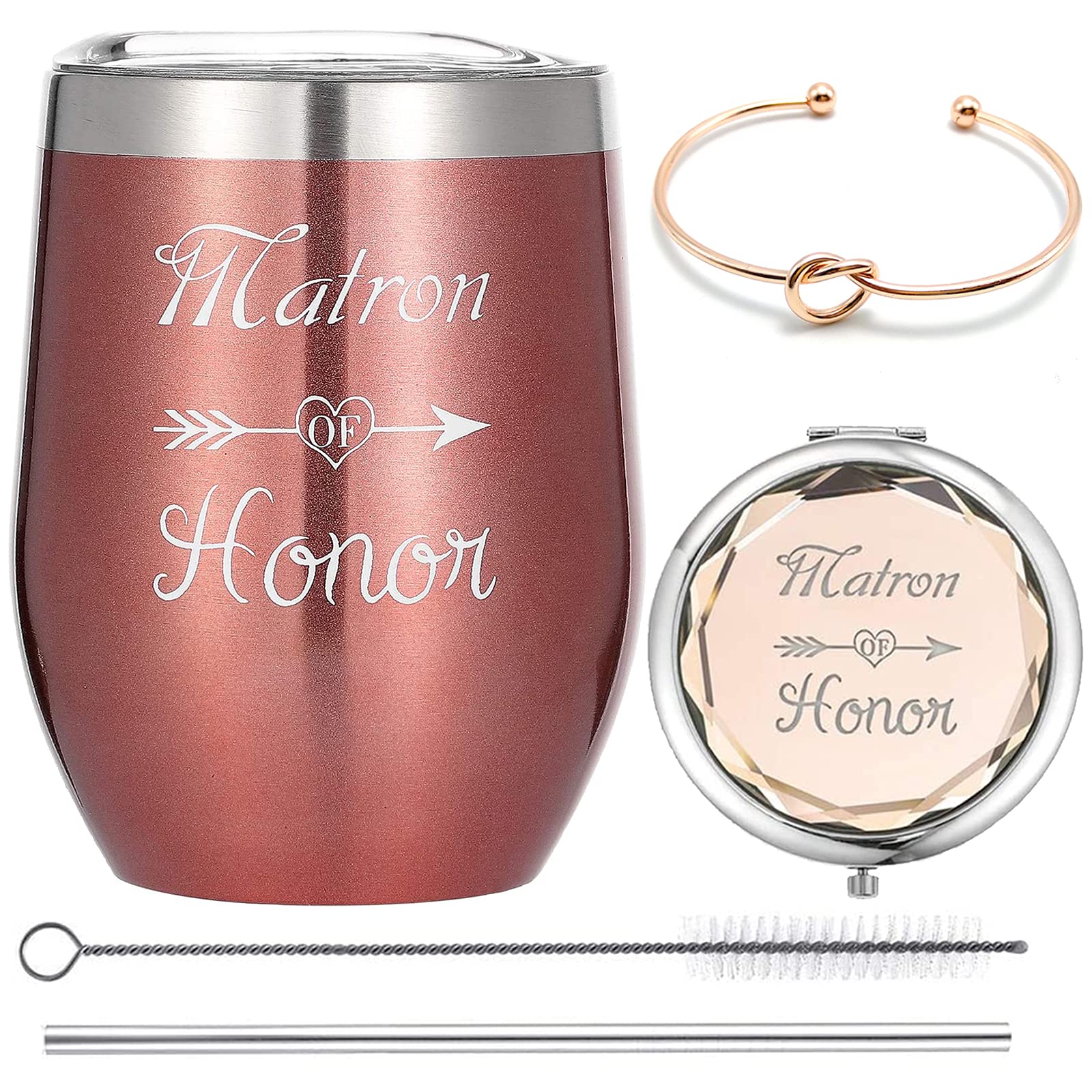 Matron of Honor Gifts Set Include 1 Stainless Steel Rose Gold Insulated Wine Tumbler 1 Champagne Makeup Mirror 1 Knot Bracelet 1 Straw and 1 brush for Bridal Shower Wedding Bridesmaid Proposal Gift