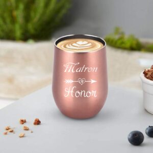 Matron of Honor Gifts Set Include 1 Stainless Steel Rose Gold Insulated Wine Tumbler 1 Champagne Makeup Mirror 1 Knot Bracelet 1 Straw and 1 brush for Bridal Shower Wedding Bridesmaid Proposal Gift