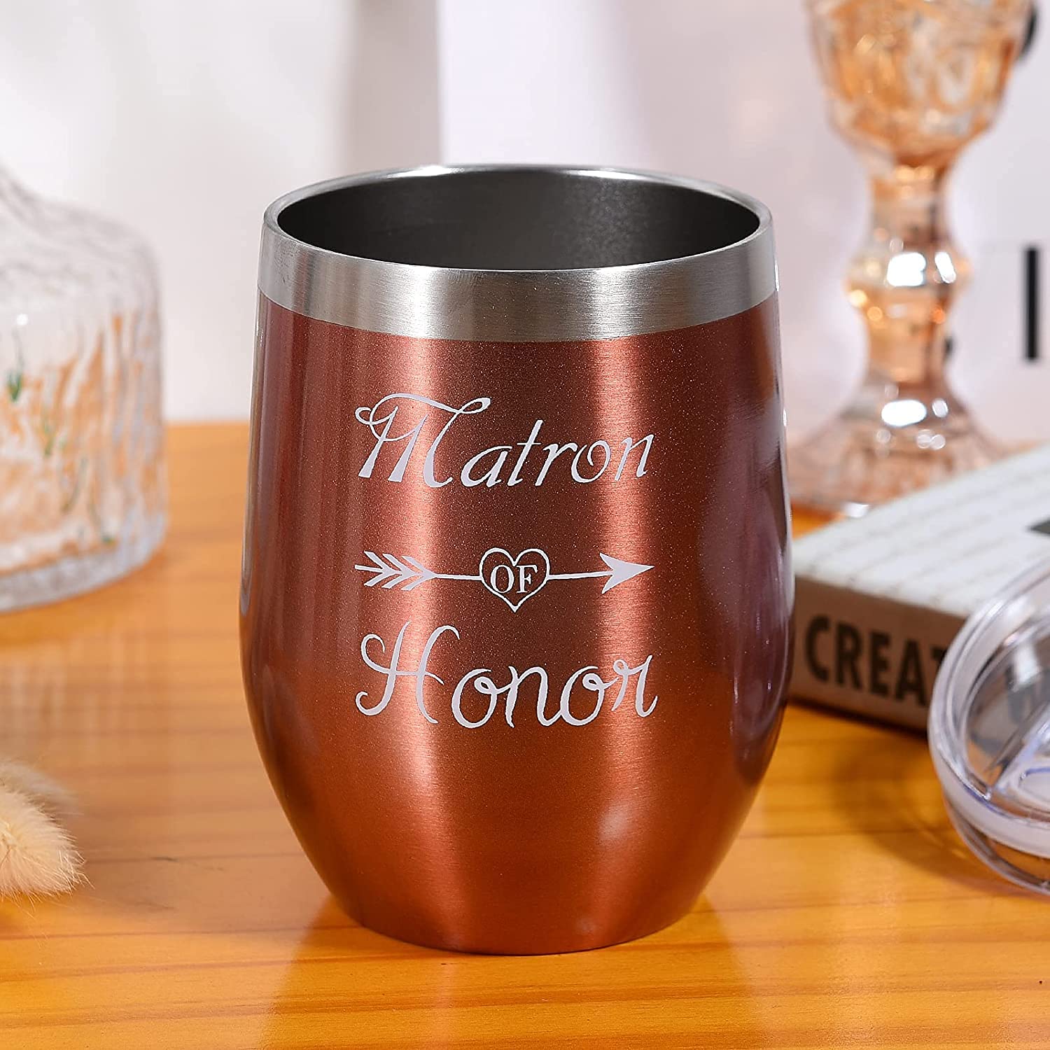 Matron of Honor Gifts Set Include 1 Stainless Steel Rose Gold Insulated Wine Tumbler 1 Champagne Makeup Mirror 1 Knot Bracelet 1 Straw and 1 brush for Bridal Shower Wedding Bridesmaid Proposal Gift