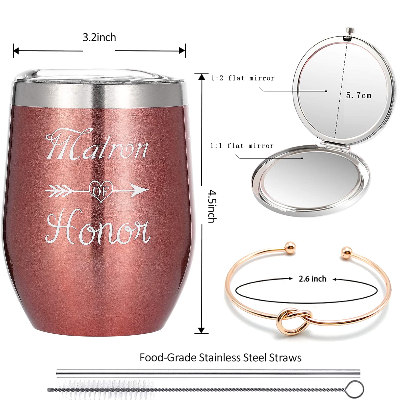 Matron of Honor Gifts Set Include 1 Stainless Steel Rose Gold Insulated Wine Tumbler 1 Champagne Makeup Mirror 1 Knot Bracelet 1 Straw and 1 brush for Bridal Shower Wedding Bridesmaid Proposal Gift