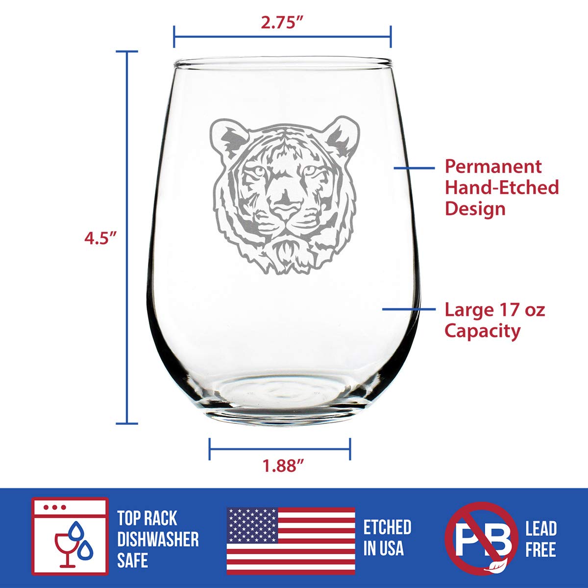 Tiger Face Stemless Wine Glass - Cute Tiger Themed Decor and Gifts for Animal Lovers - Large 17 Oz Glasses