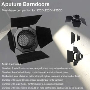 Aputure Barndoors with Bowens Mount, Durable Metal Build, 4-Leaf Velvet Fabric, Honeycomb & Magnetic Gel Holder for Aputure 120D Mark 2, Aputure 120D, Aputure 300D